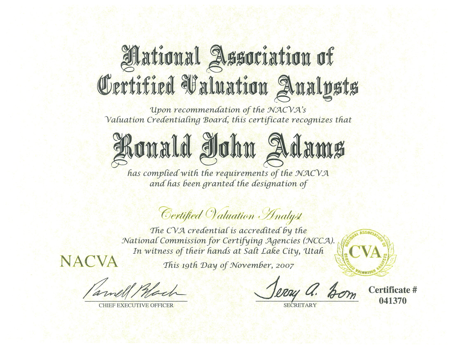 Ronald J. Adams, C.P.A., A.B.V., C.V.A., C.B.A., C.F.F., F.V.S., C.G.M ...