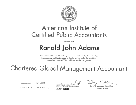 Ronald J. Adams, C.P.A., A.B.V., C.V.A., C.B.A., C.F.F., F.V.S., C.G.M ...